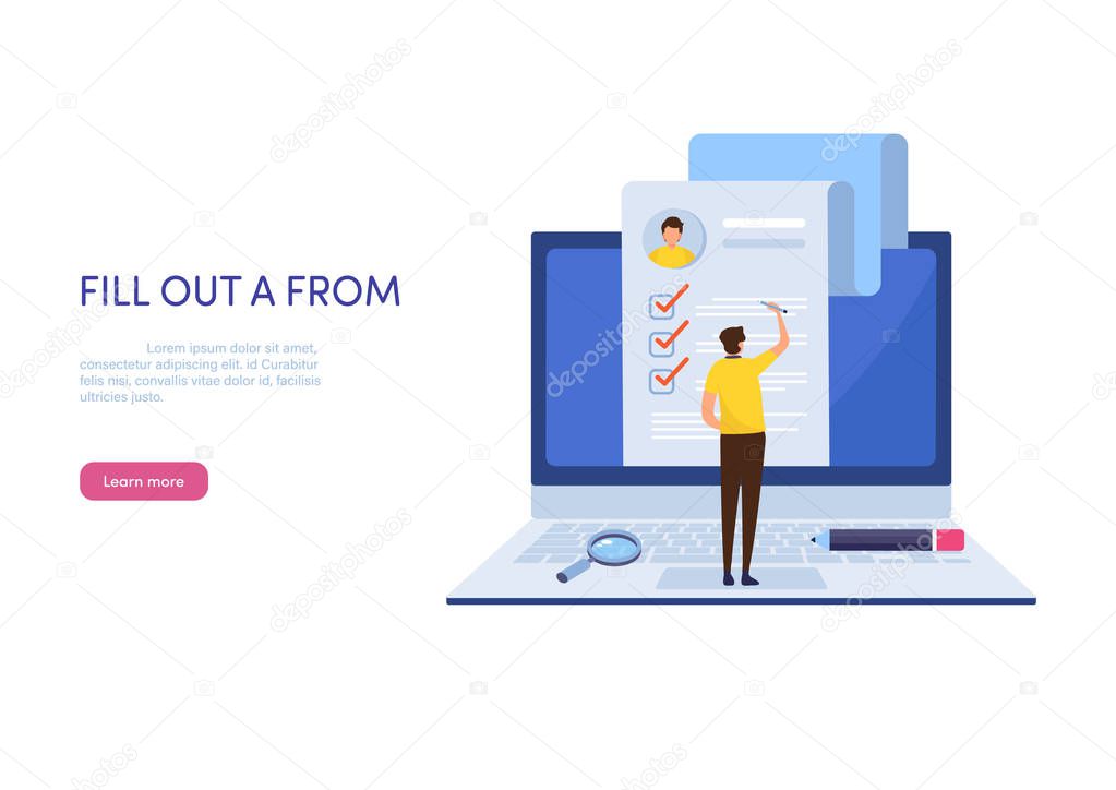 La gente llena un formulario. Aplicación en línea. Dibujos animados ...