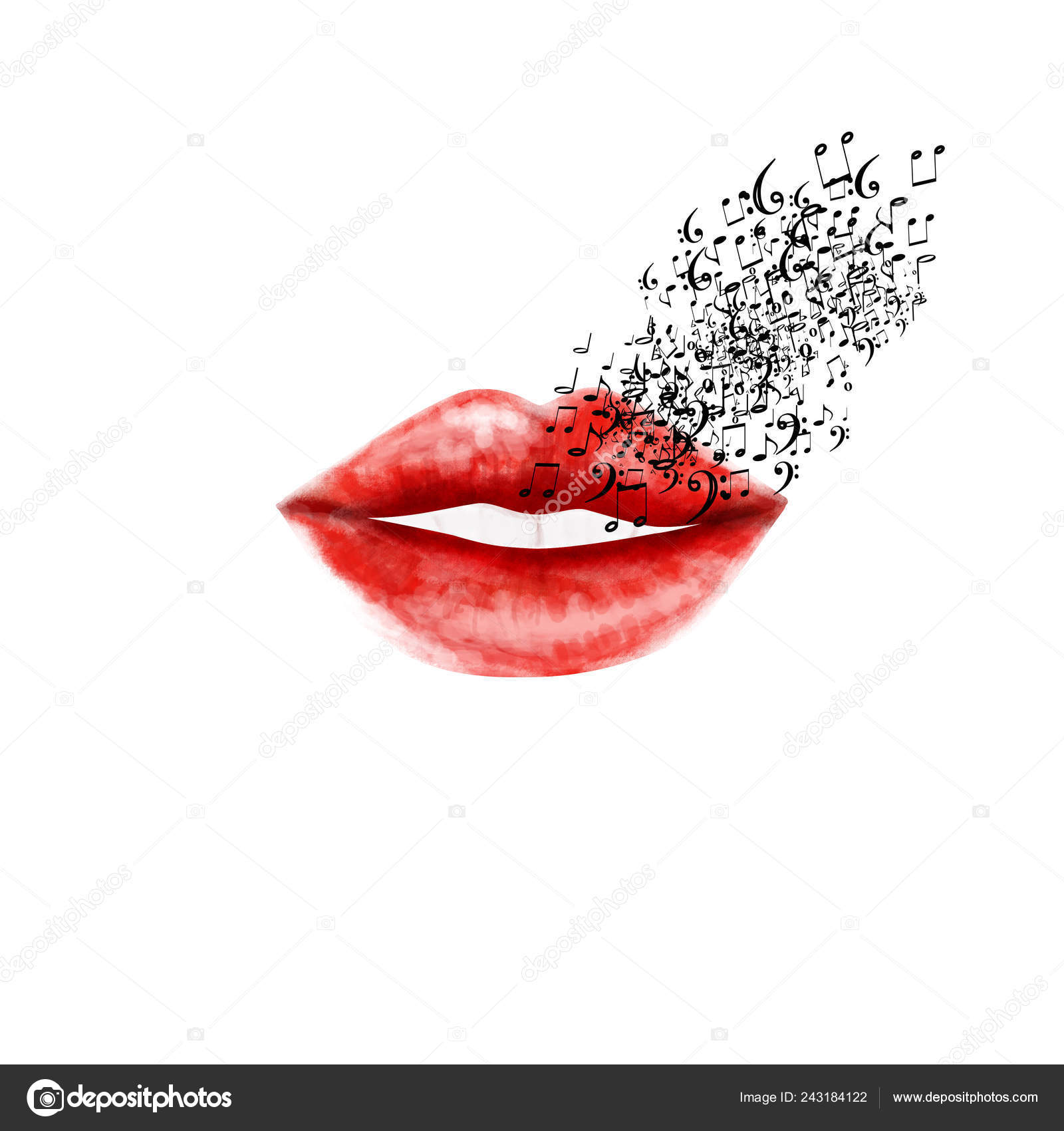 Isolated White Background Red Female Watercolor Singing Lips Bunch ...
