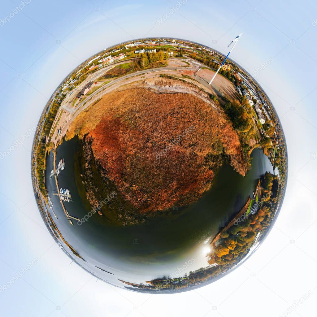 Una vista aérea panorámica tridimensional en un mini planeta estilo ...