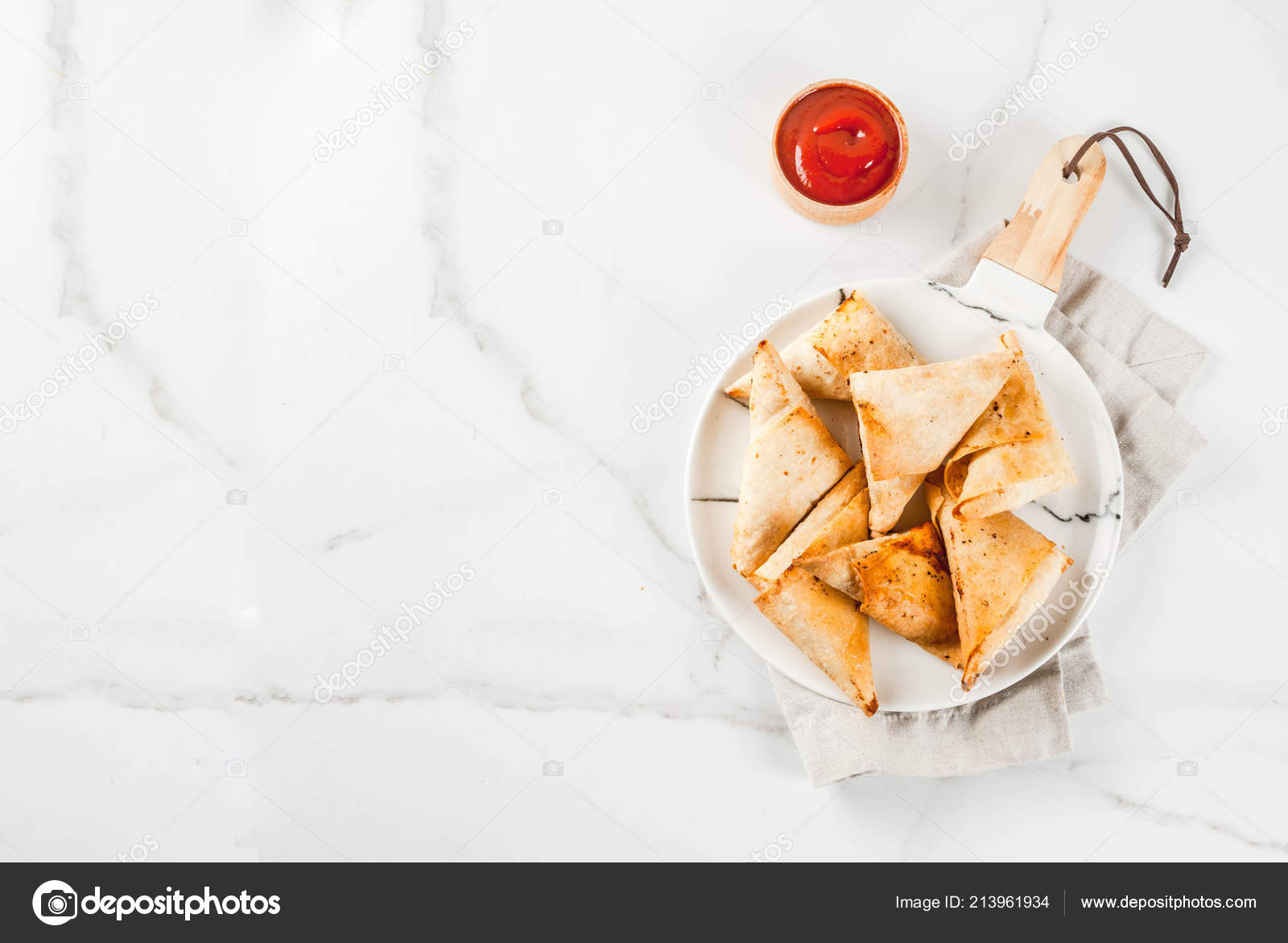 Asian Food Vegetarian Samsa Samosas Tomato Sauce White Marble Background Stock Photo by ©unixx.0 ...