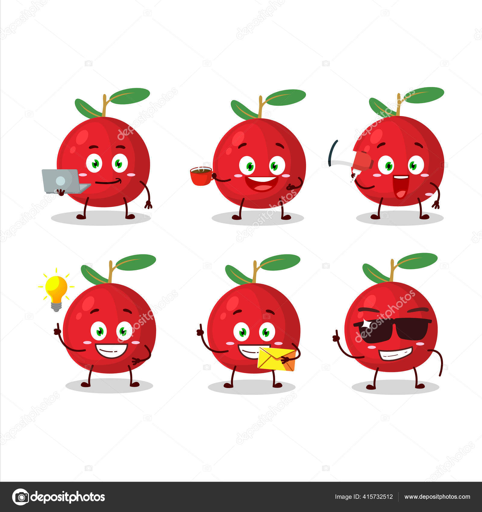 Cranberry cartoon character with various types of business emoticons ...