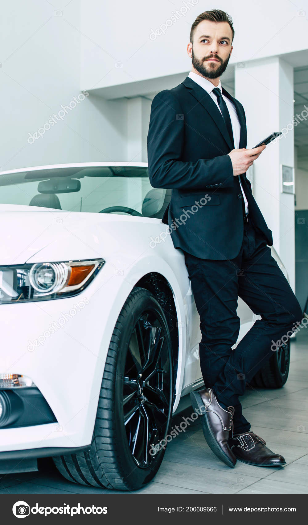 Handsome Man Black Suit Holding Smartphone Standing New Modern Car ...