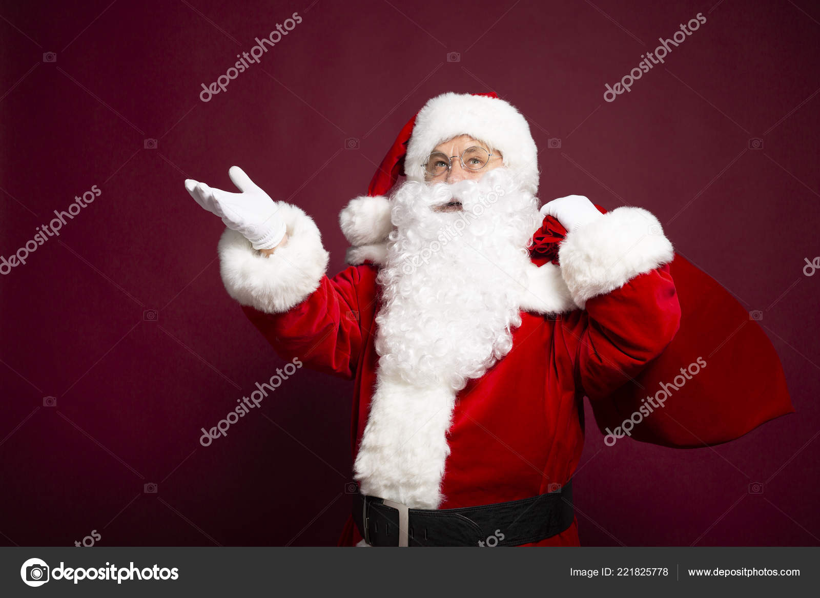 Portrait Man Santa Clause Costume Gift Sack Back Pointing Hand Stock ...