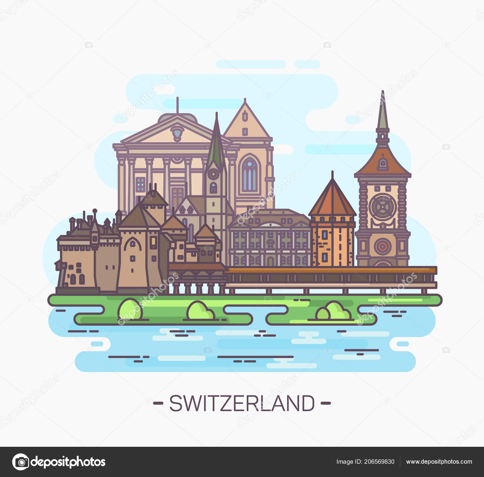 Famous Swiss landmarks. Tower and cathedral Stock Vector Image by ...