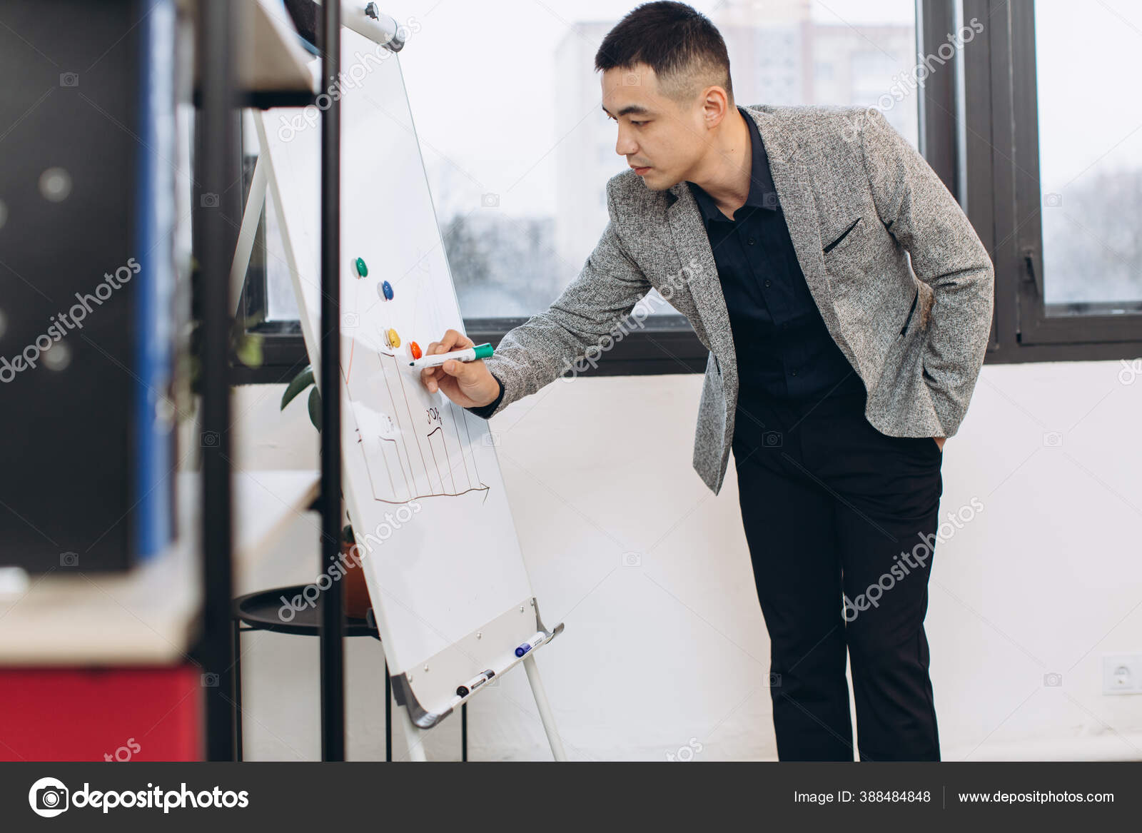 Asian Businessman Standing Writing Diagram Graph Whiteboard ...