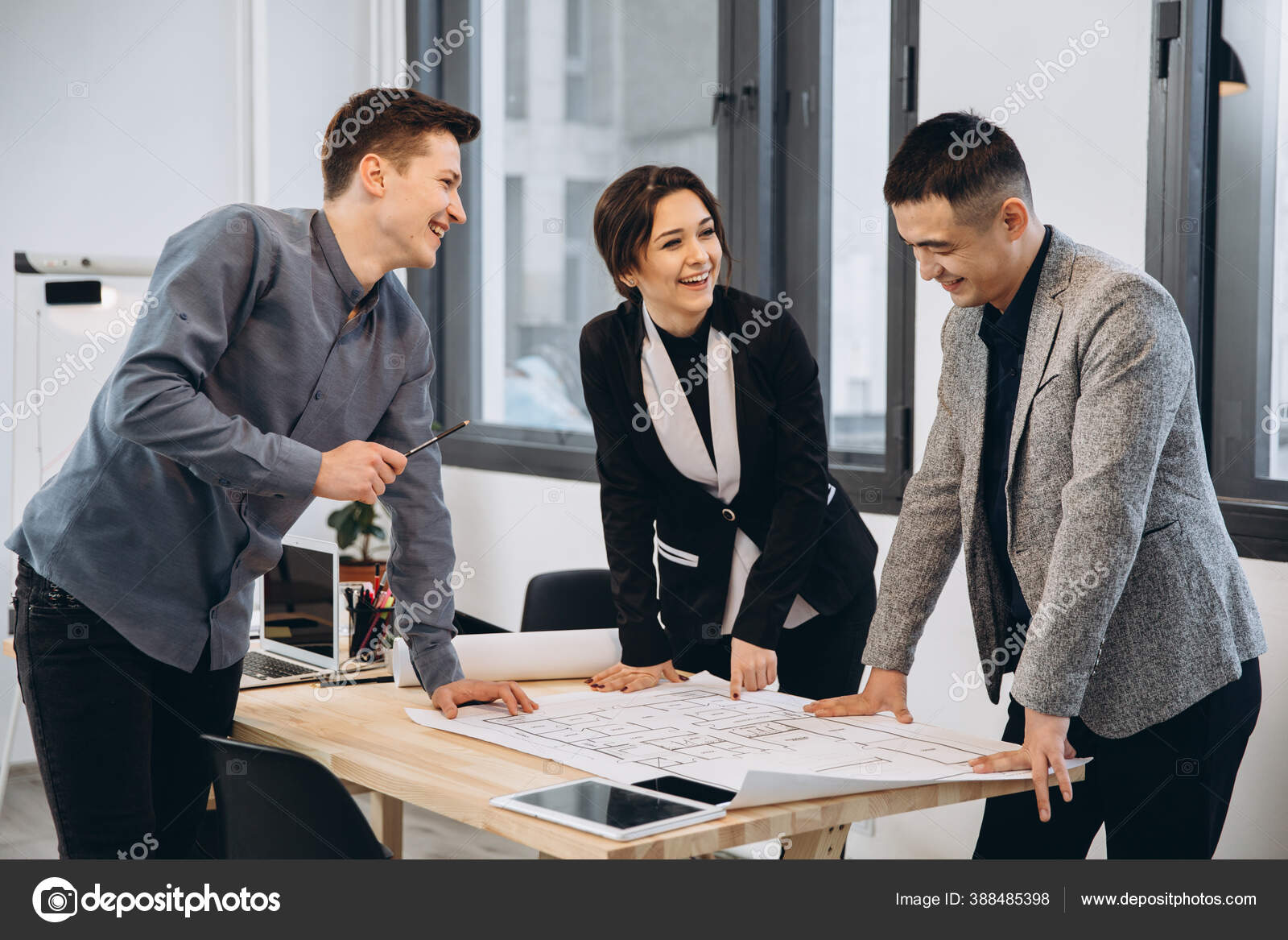 Close Shot Group Architects Drawing Building Plan Together Office ...