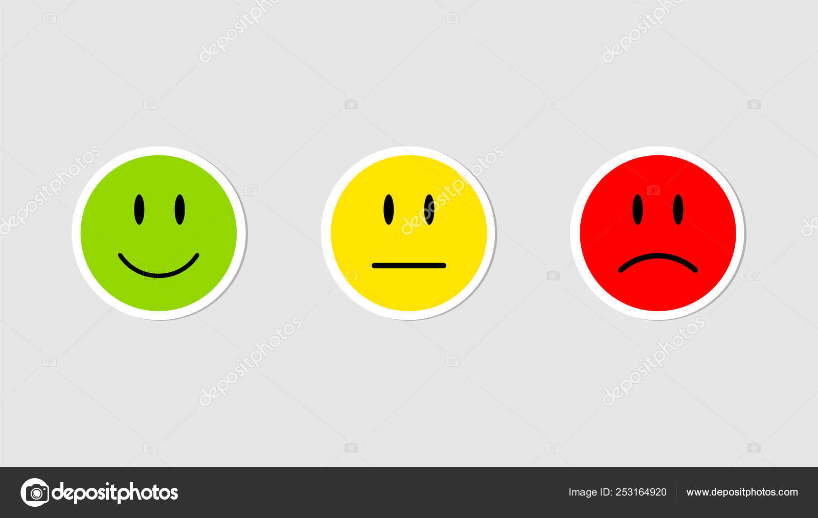 Tres pegatinas emoji. Emoticones de color verde, amarillo y rojo ...