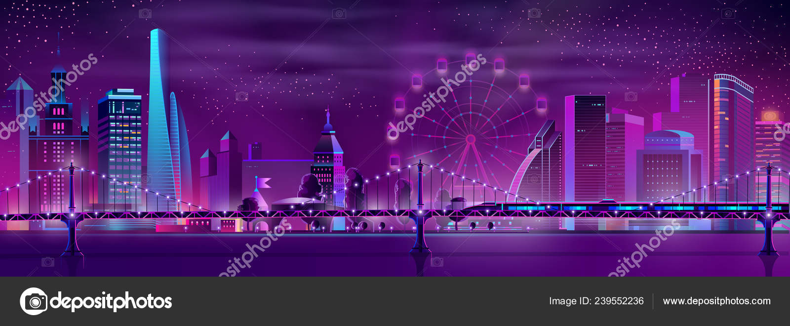 Modern city neon cartoon vector night landscape Stock Vector Image by ...