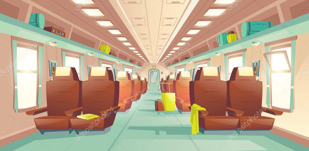 Tren de pasajeros vagón interior vector de dibujos animados 2024