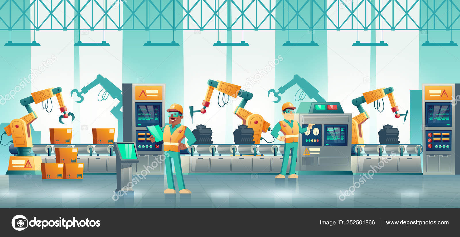 Modern factory robotized conveyor cartoon vector Stock Vector Image by ...