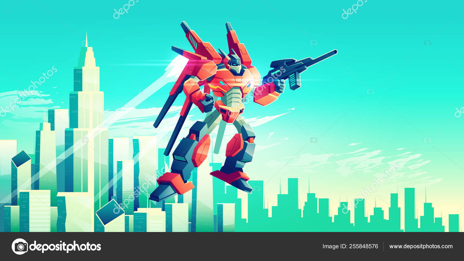 Alien warrior, armed transformer robot flying in sky under modern ...