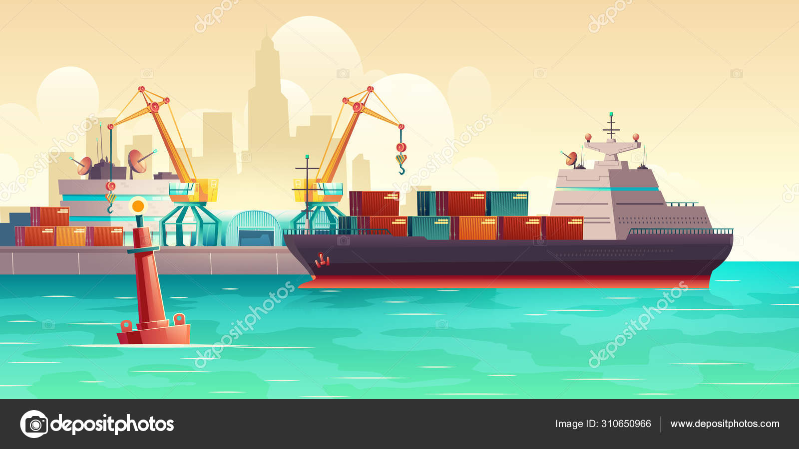 Carga de buques de carga en puerto vector de dibujos animados Vector de ...