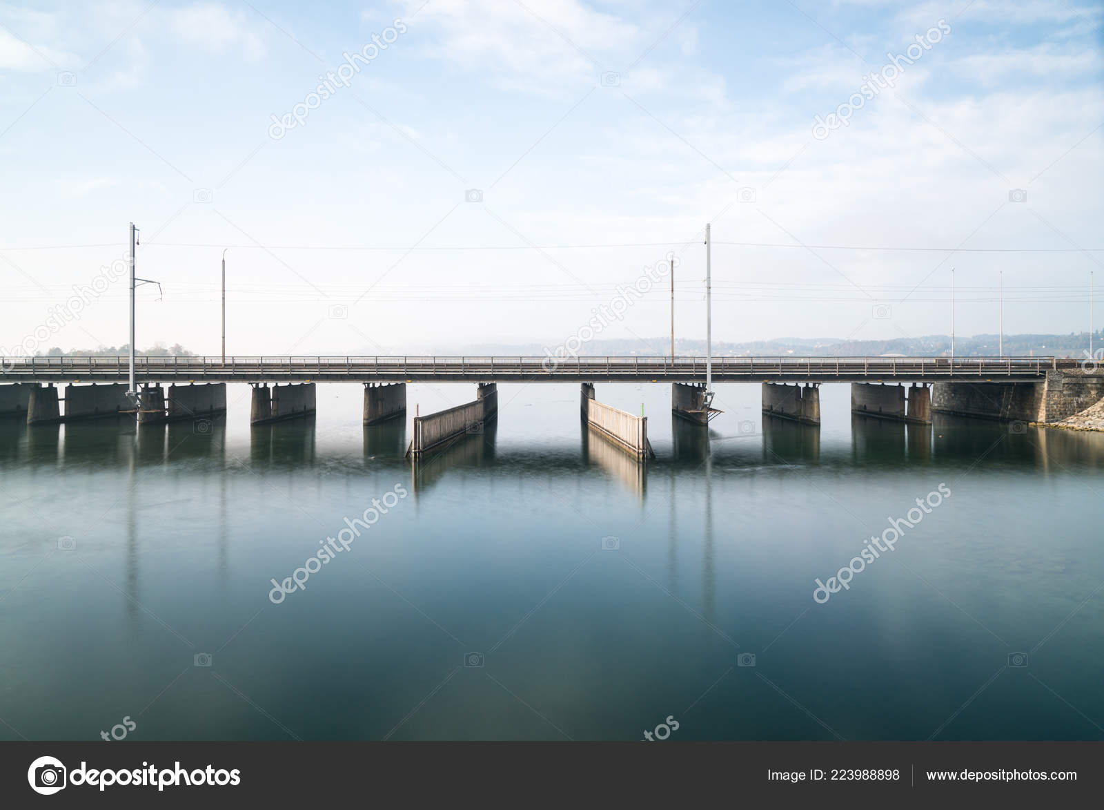 Concrete Bridge Water Train Line Road Running Parallel Boat Ship Stock ...