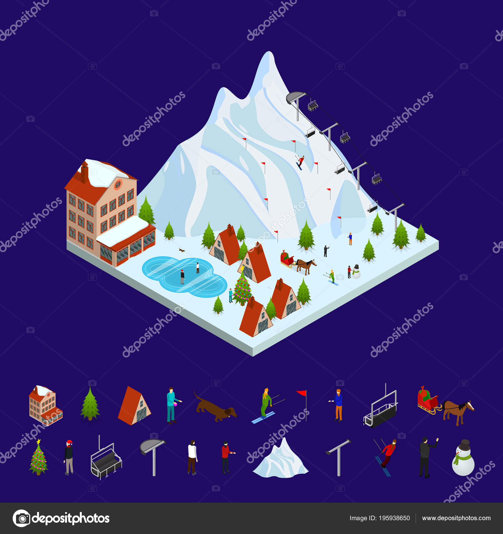 Ski Resort Concept and Elements 3d Isometric View. Vector Stock Vector ...