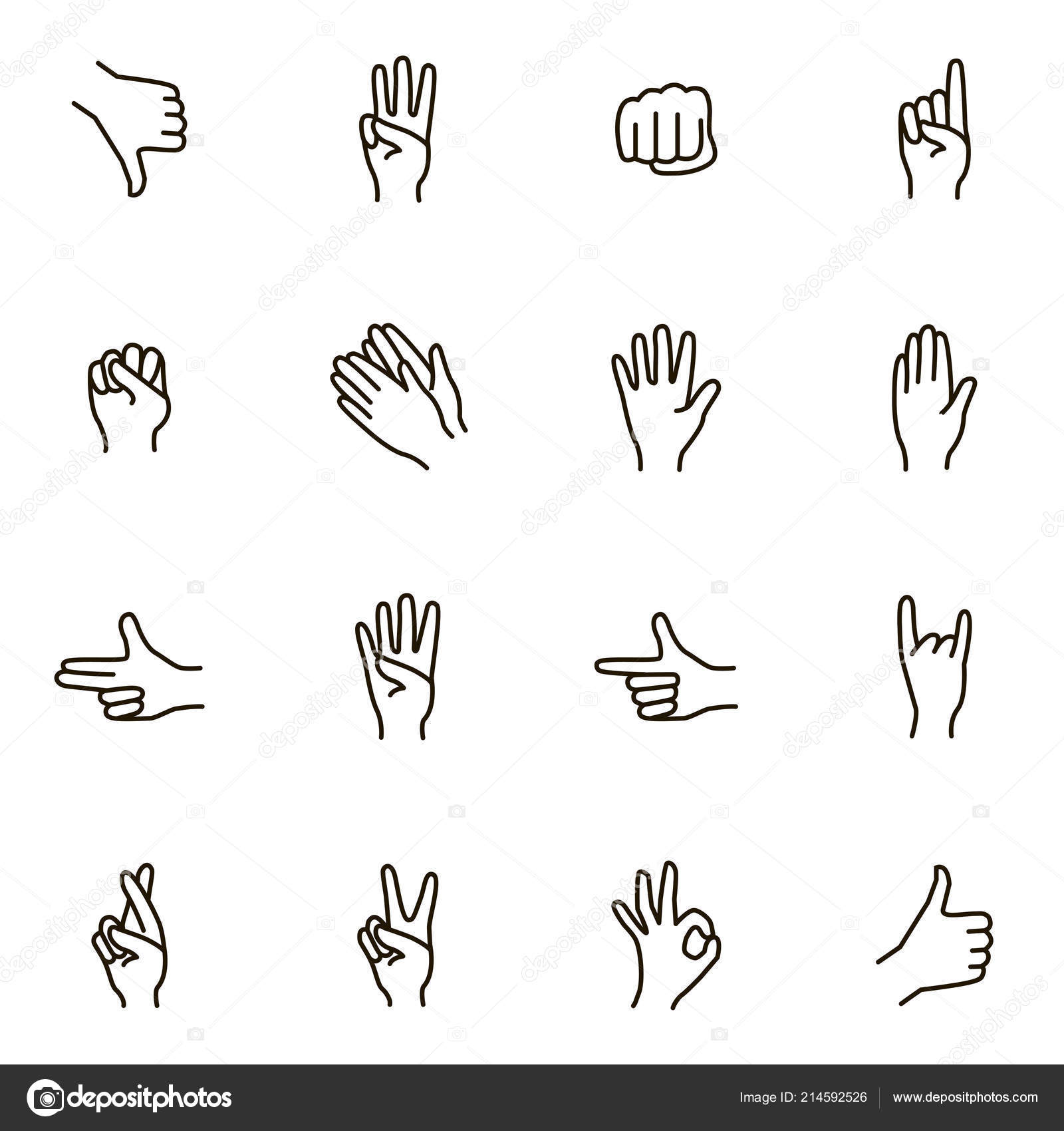 Hand Gestures Signs Black Thin Line Icon Set Vector Stock Vector Image