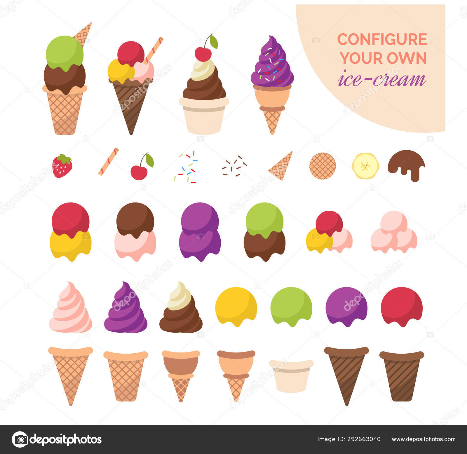 Cartoon Color Ice Cream Constructor Icon Set. Vector Stock Vector Image ...