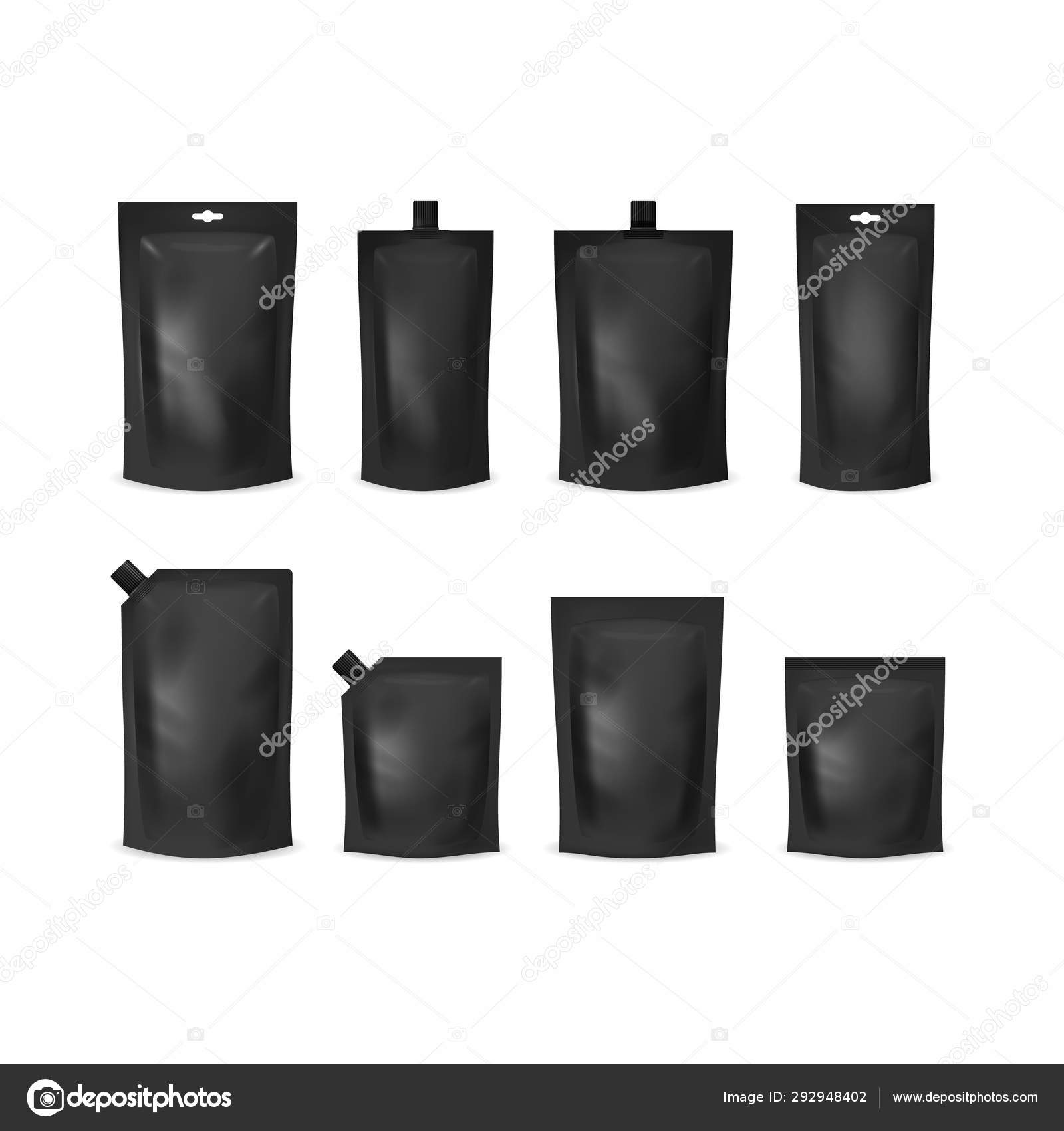 Realista detalhada 3d vário preto em branco modelo Doypack Mockup Set ...