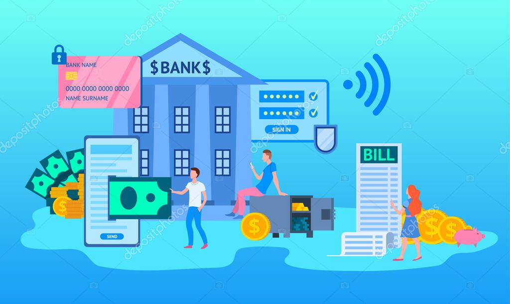 Personajes de dibujos animados de color Gente y Banca en Línea Ui ...