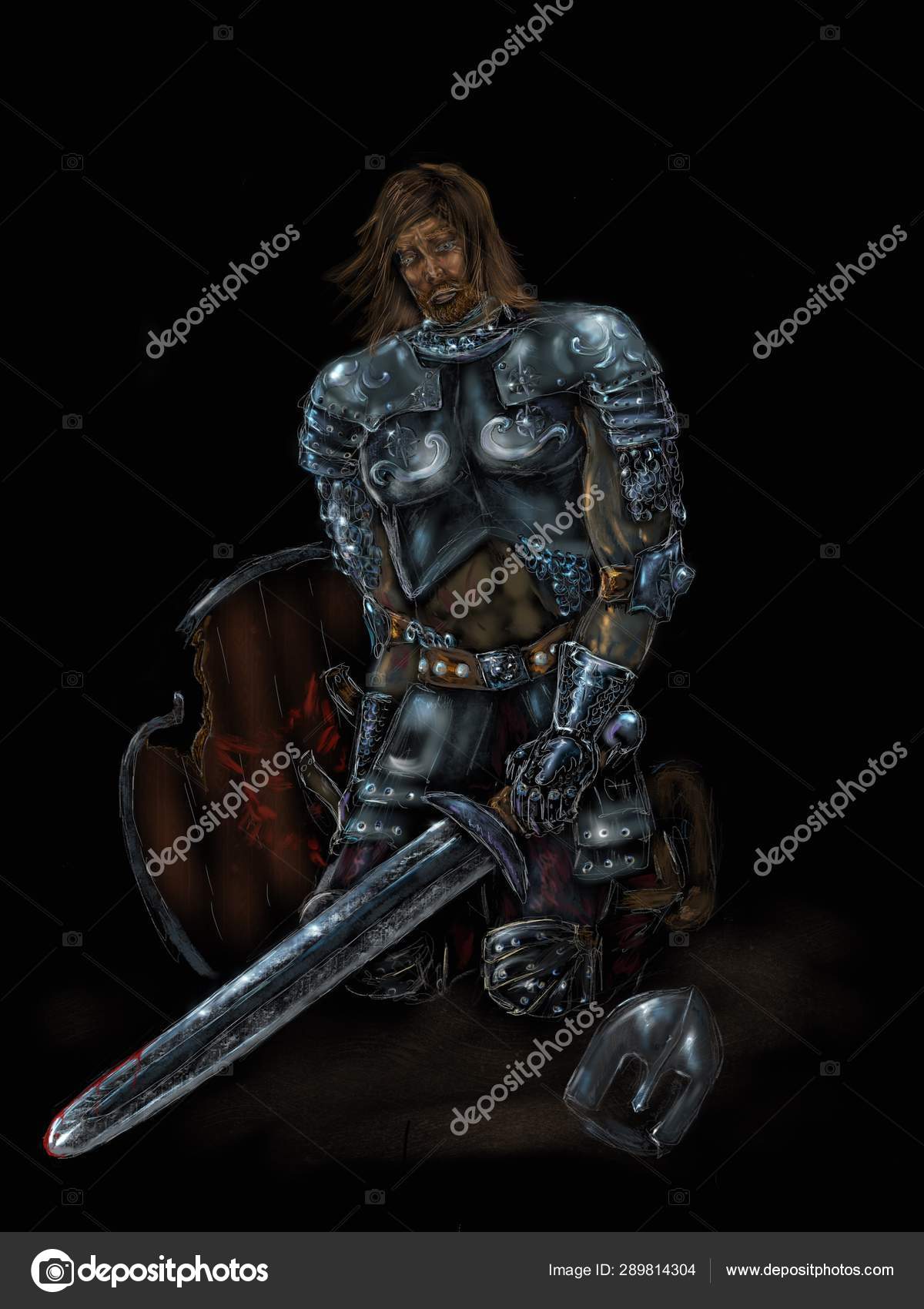 Digital Hand Drawn Image Kneeling Armored Knight Open Face Broken ...