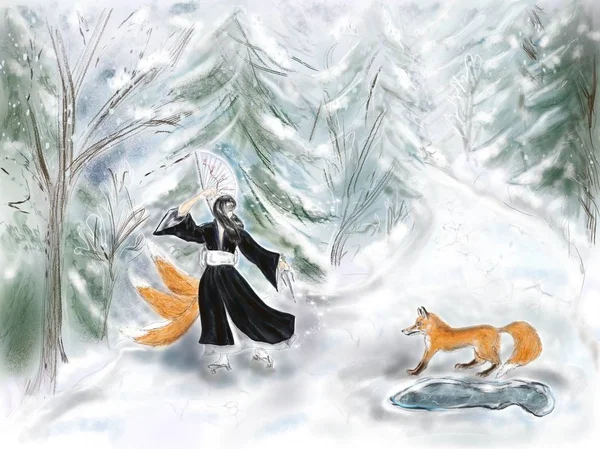 Digital painting. Digital hand drawn image of the dancing kitsune ...