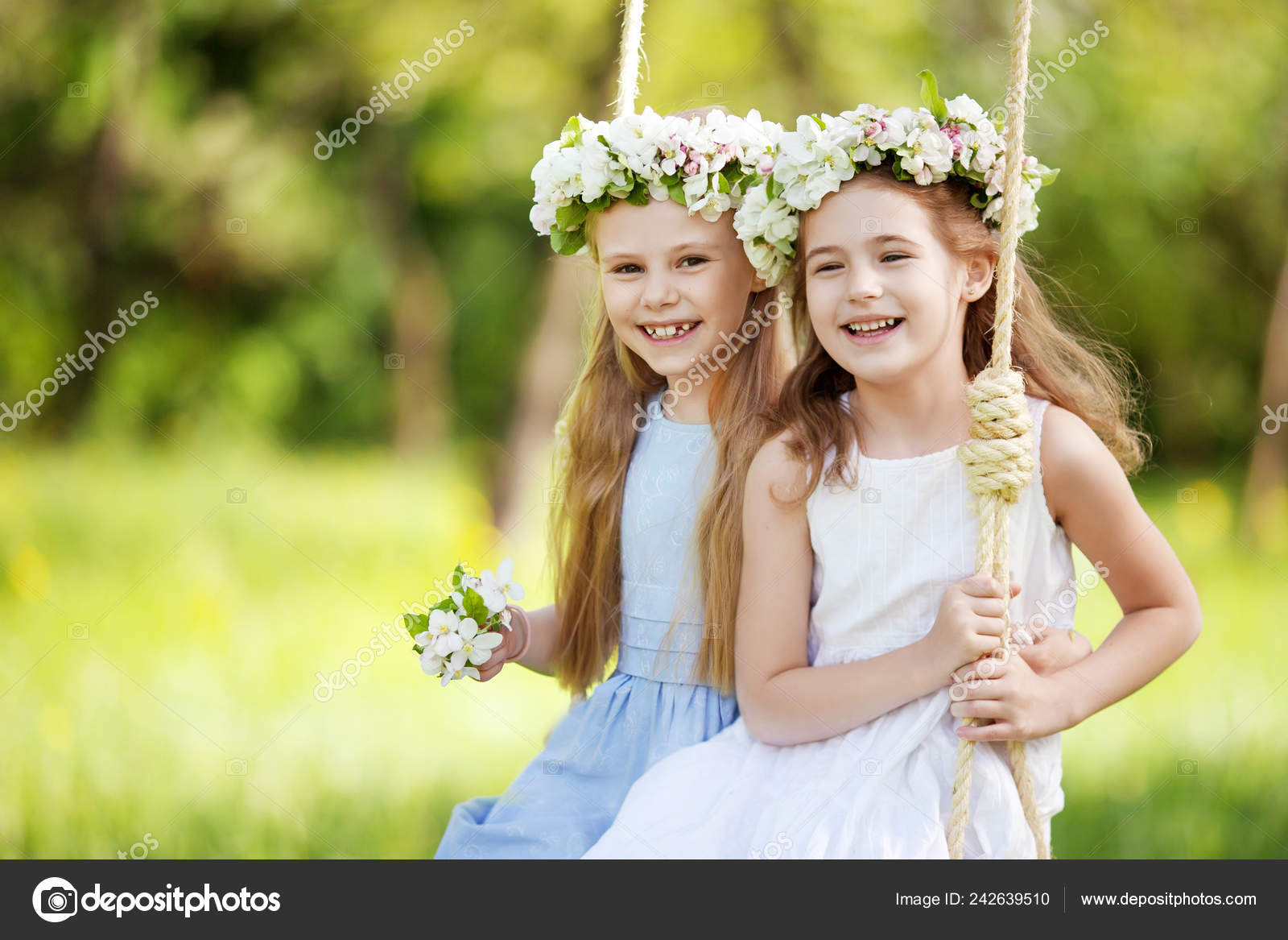 Two Cute Girls Having Fun Swing Blossoming Old Apple Tree — Stock Photo ...
