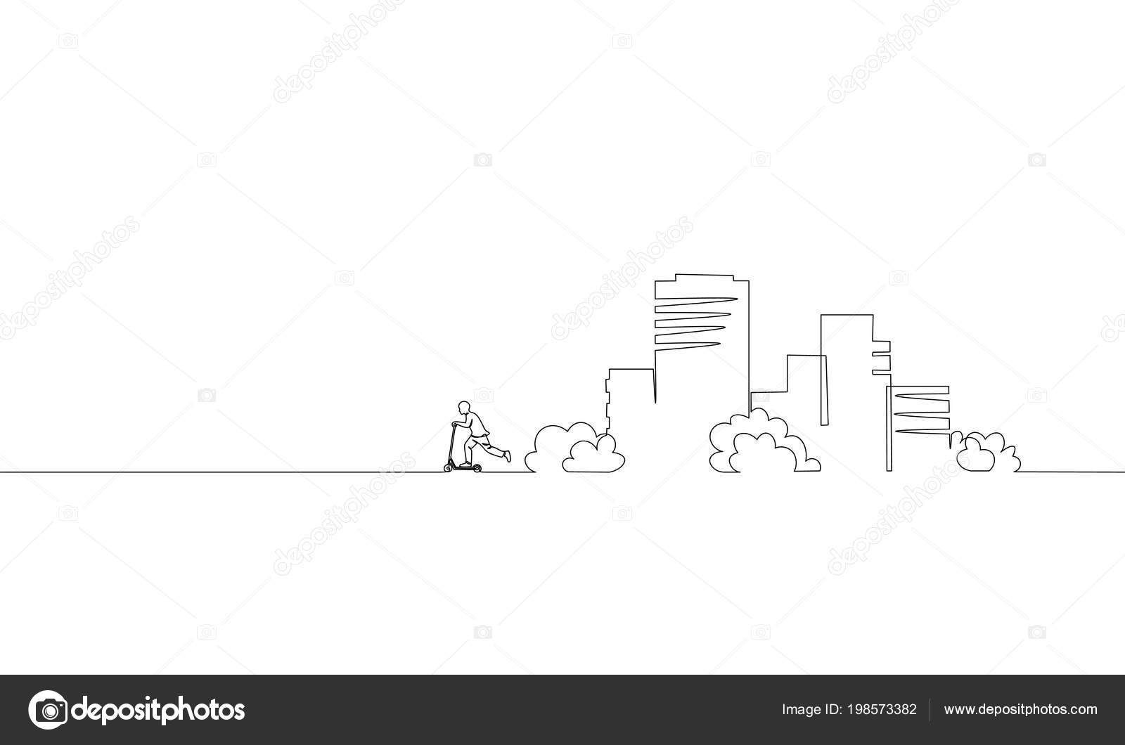 Single continuous one line art city building riding scooter ...