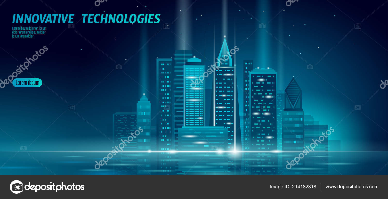 Smart city 3D neon glowing cityscape. Intelligent building automation ...