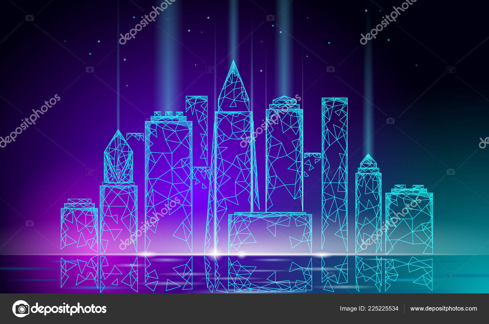 Neon glow smart city 3D polygonal wire mesh. Intelligent building ...