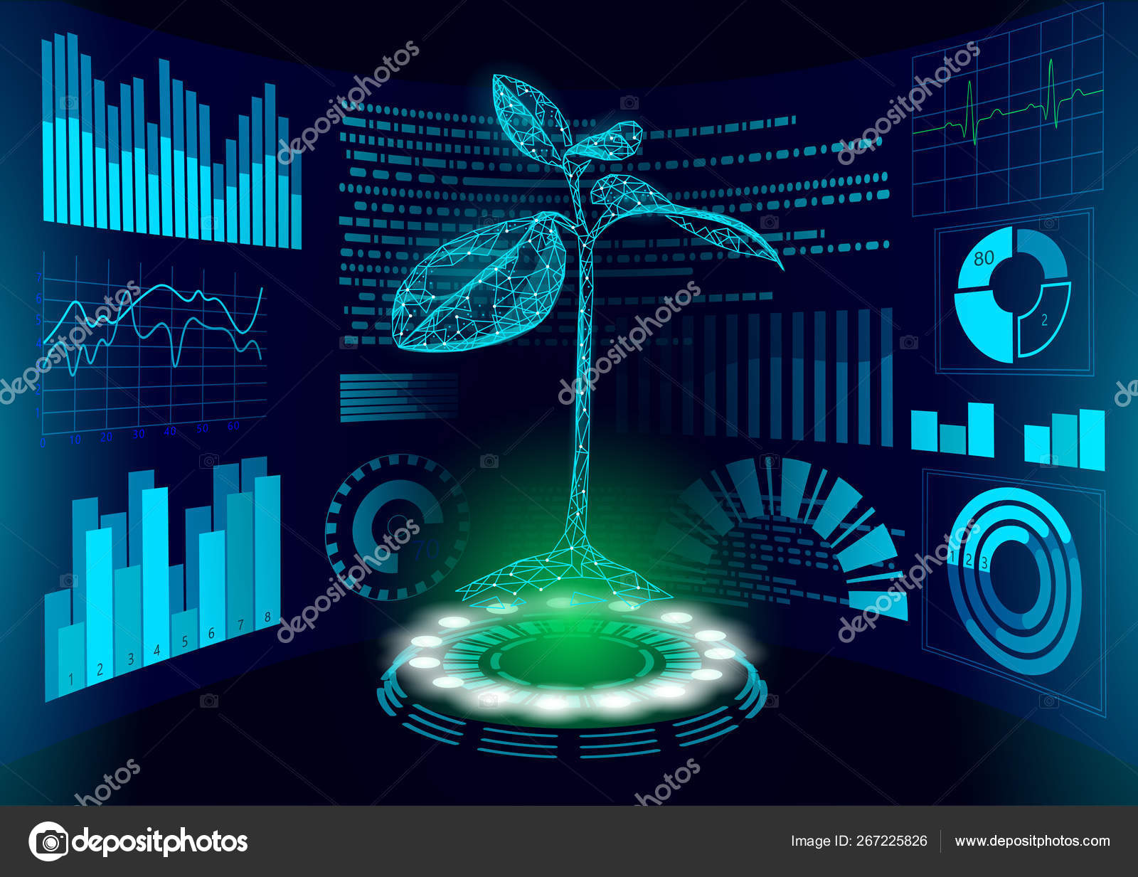 3D low poly green plant HUD UI display. Future polygonal triangle point ...