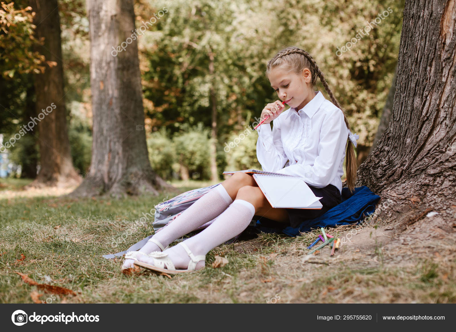 Schoolgirl Does Lessons Park Tree Schoolgirl Sits Tree Park Stock Photo ...