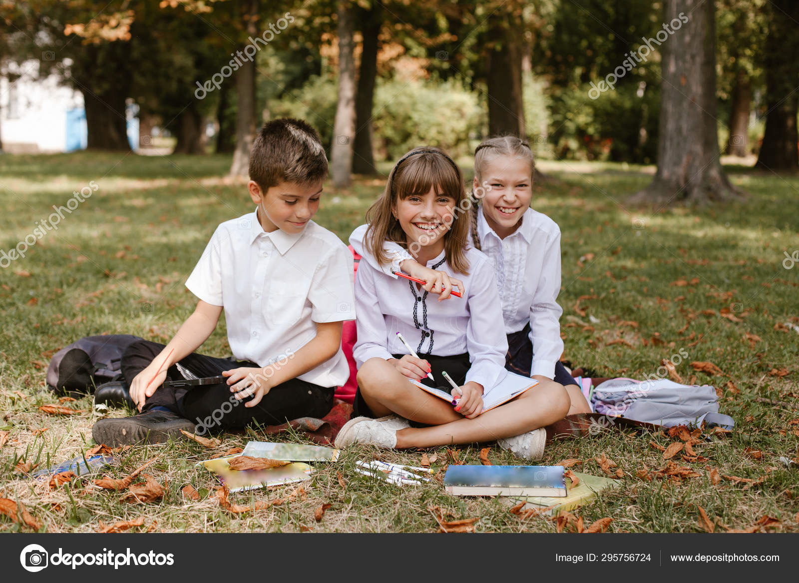 School Children Doing Homework Nature Schoolchildren Have Fun Stock ...