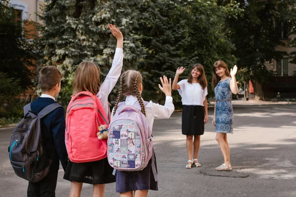 Schoolchildren Have Fun Schoolyard Children Hurry School Back School ...