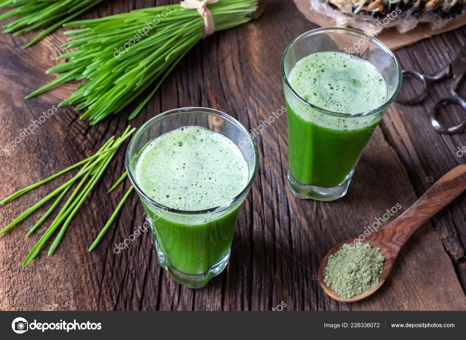 Two Shots Barley Grass Juice Fresh Powdered Plant Stock Photo by ...