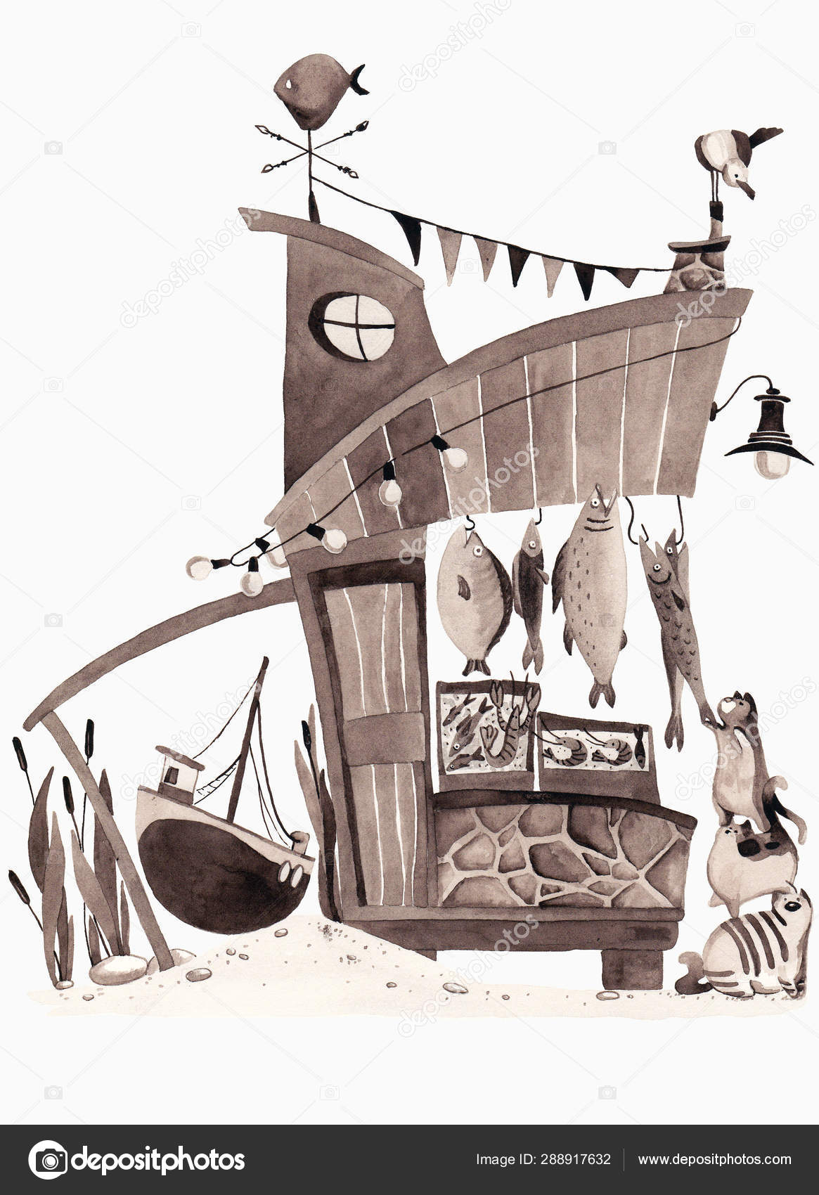 Fish Shop Showcase Fresh Catch Wanting Eat Them Monochrome Watercolor ...