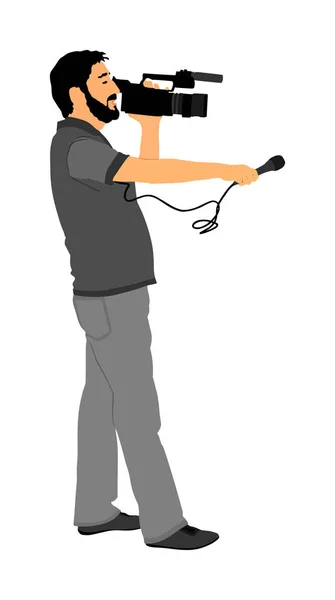 Journalist News Reporter Interview with camera crew vector illustration ...