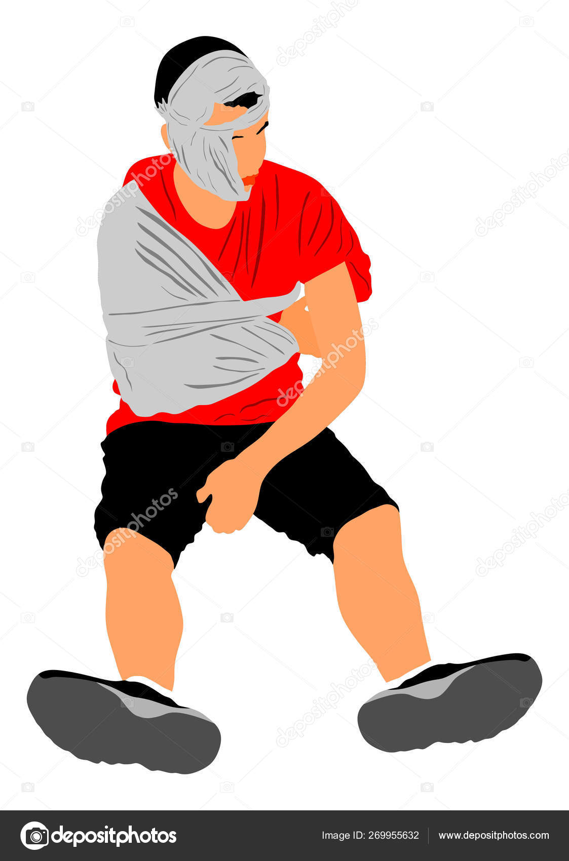 Young Man Trauma Head Arm Vector Illustration Boy Broken Hand — Stock ...