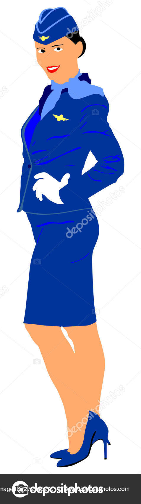 Happy Stewardess Blue Formal Wear Smiling Vector Illustration Charming ...