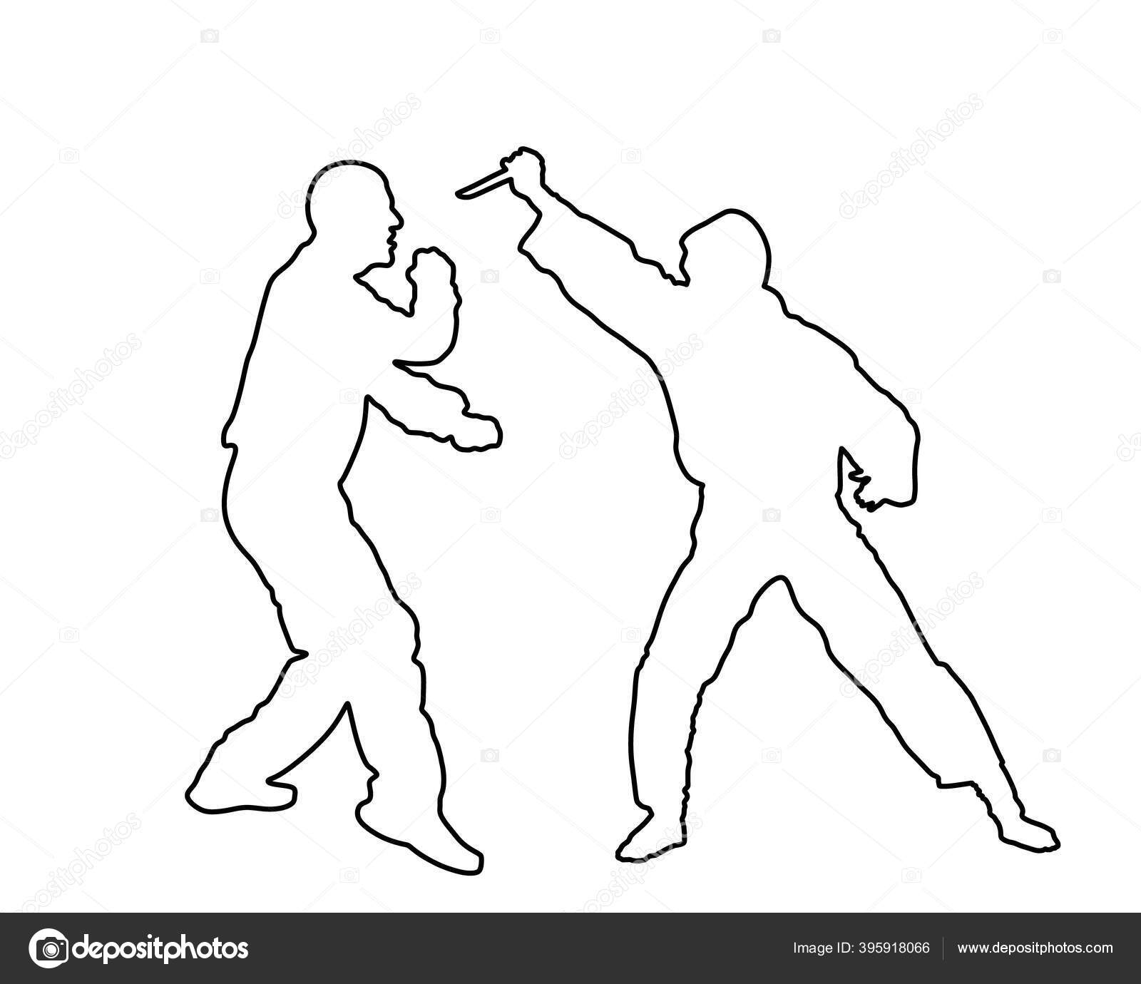 Self Defense Battle Vector Silhouette Man Fighting Aggressor Knife Line ...