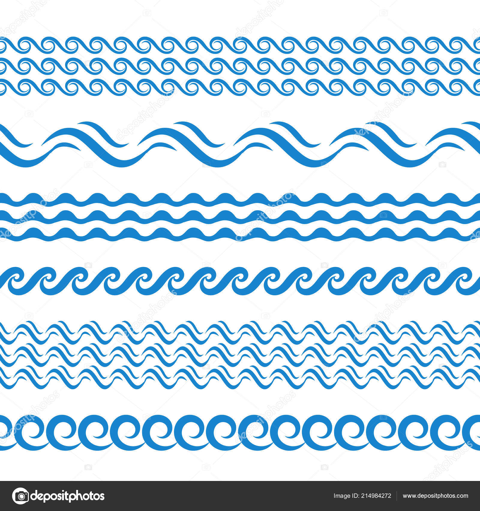 Blue Sea Water Waves Vector Seamless Borders Horizontal Aqua Elements ...