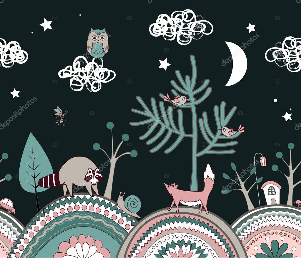 Lindo patr n sin costuras para ni os garabatos con colinas ornamentadas, y rboles de dibujos ...