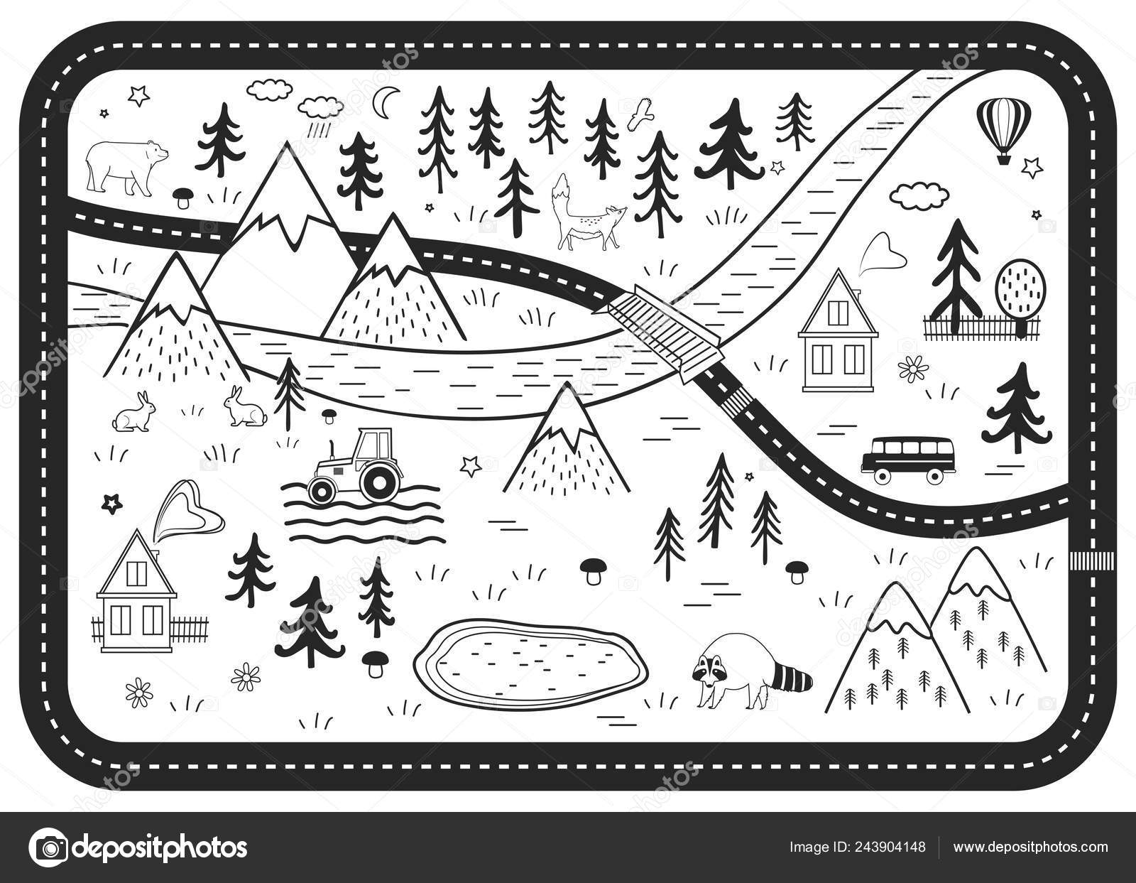 Black and White Kids Road Play Mat. Vector River, Mountains and Woods ...