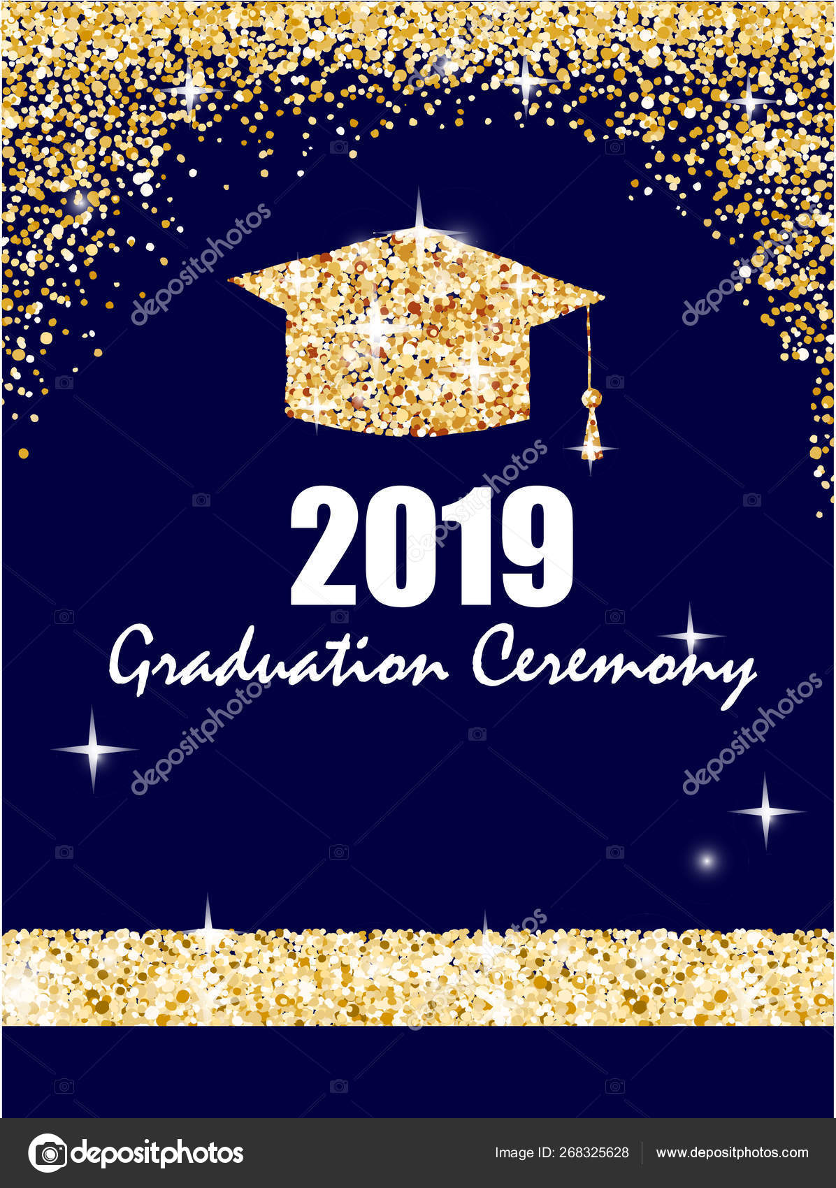 Graduation ceremony banner with golden graduate cap, glitter dots on a ...
