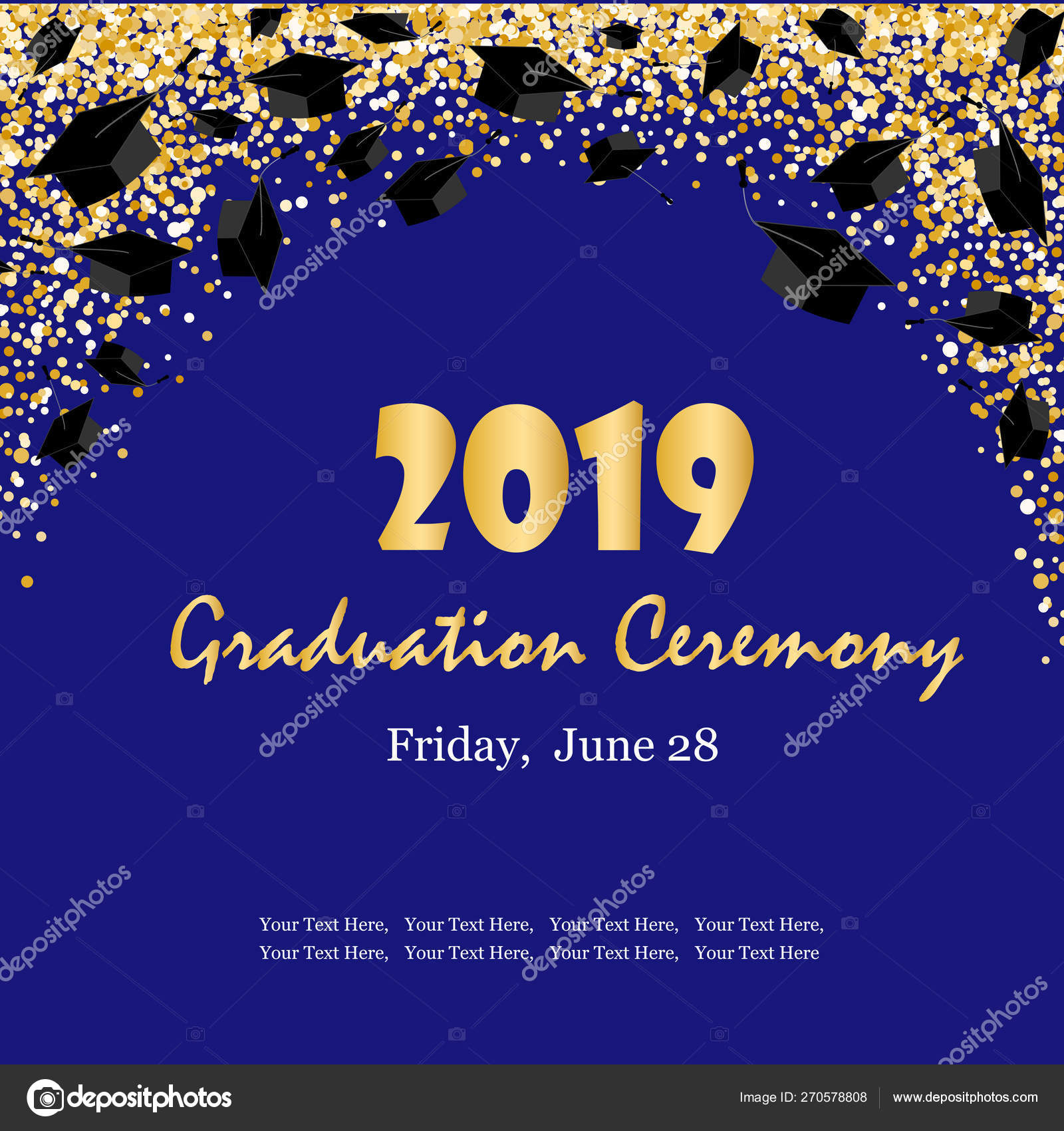 Graduation ceremony banner with graduate caps, glitter dots on a dark ...