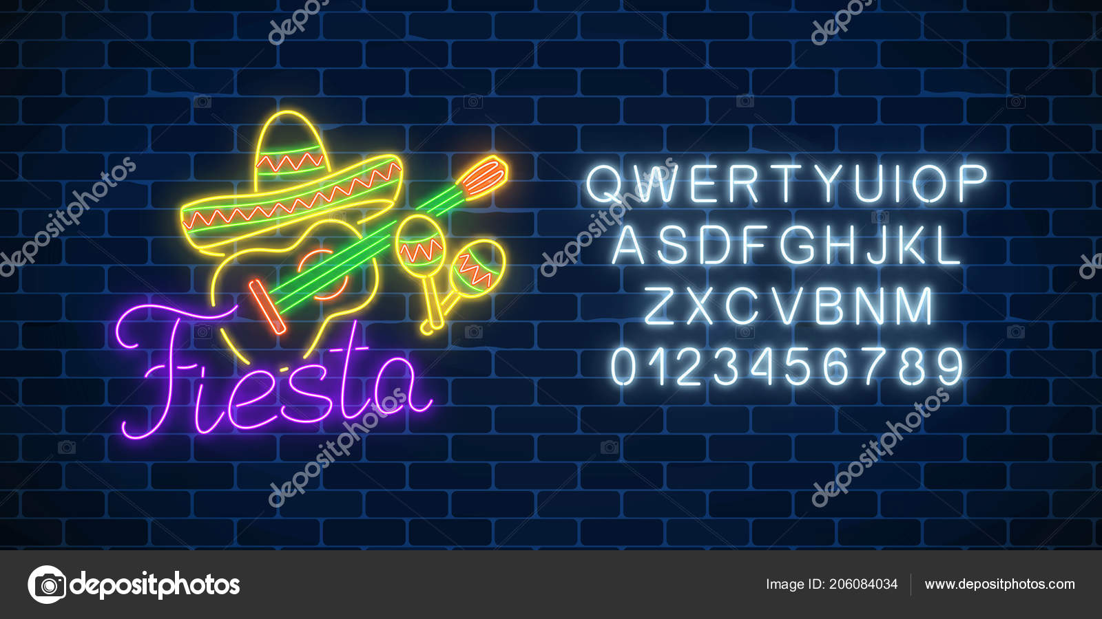 Glowing Neon Fiesta Holiday Sign Dark Brick Wall Background Alphabet ...