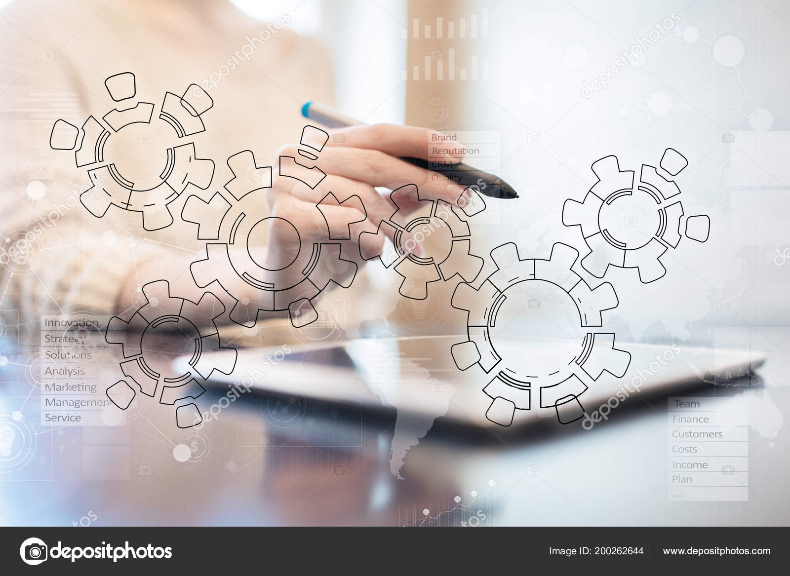 Gears, mechanism design on virtual screen. CAD systems. Business ...