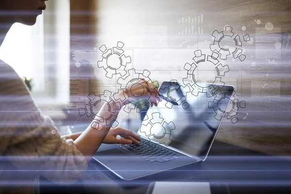 Gears, mechanism design on virtual screen. CAD systems. Business ...