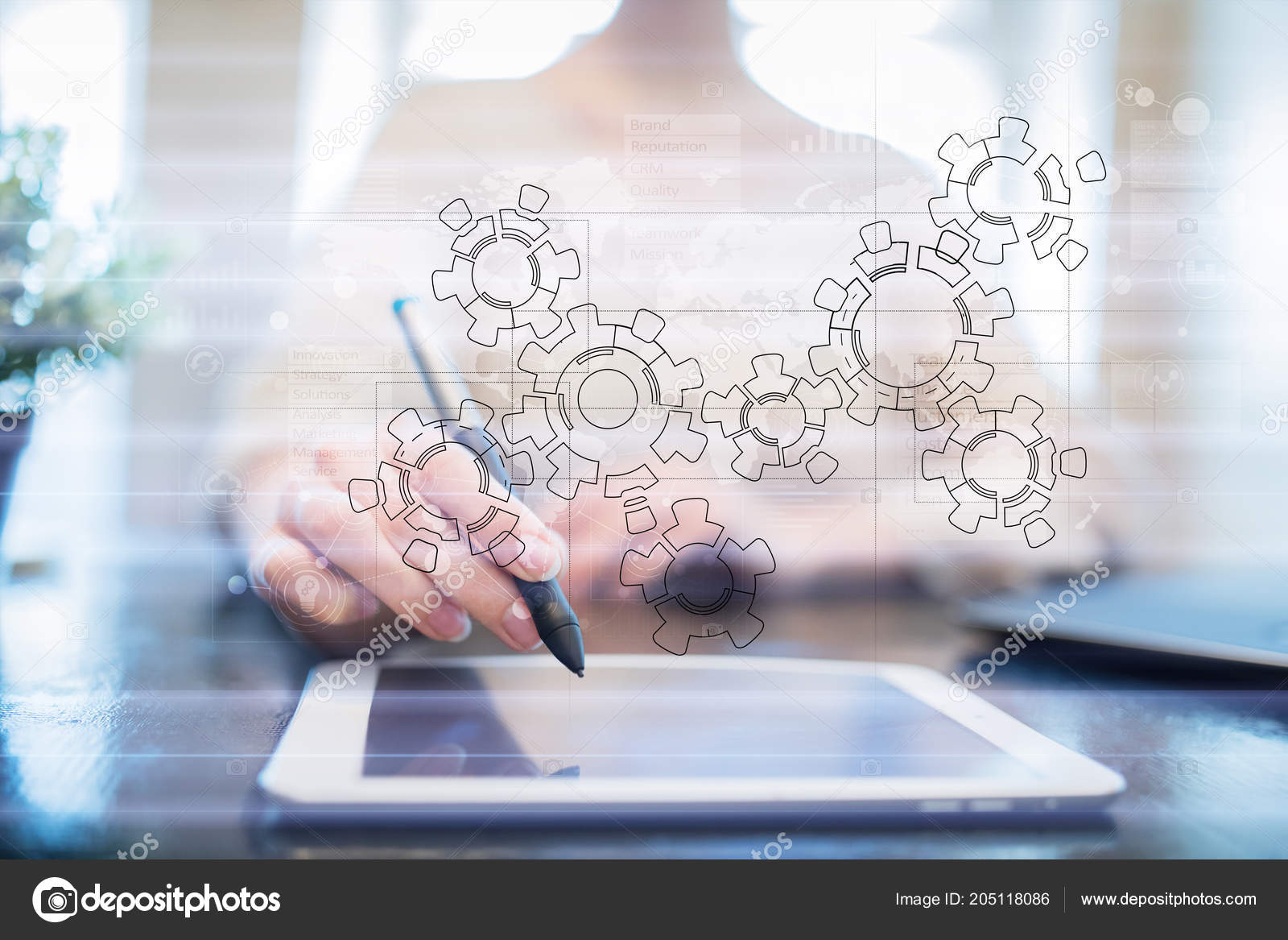 Gears, mechanism design on virtual screen. CAD systems. Business ...