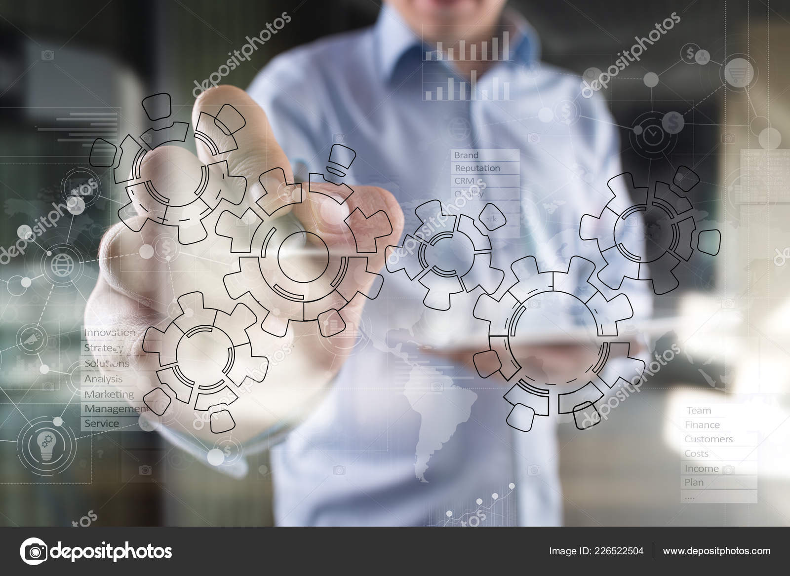 Gears, mechanism design on virtual screen. CAD systems. Business ...