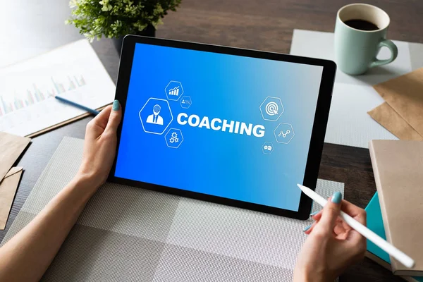 Coaching and mentoring concept on screen. Self development and personal ...