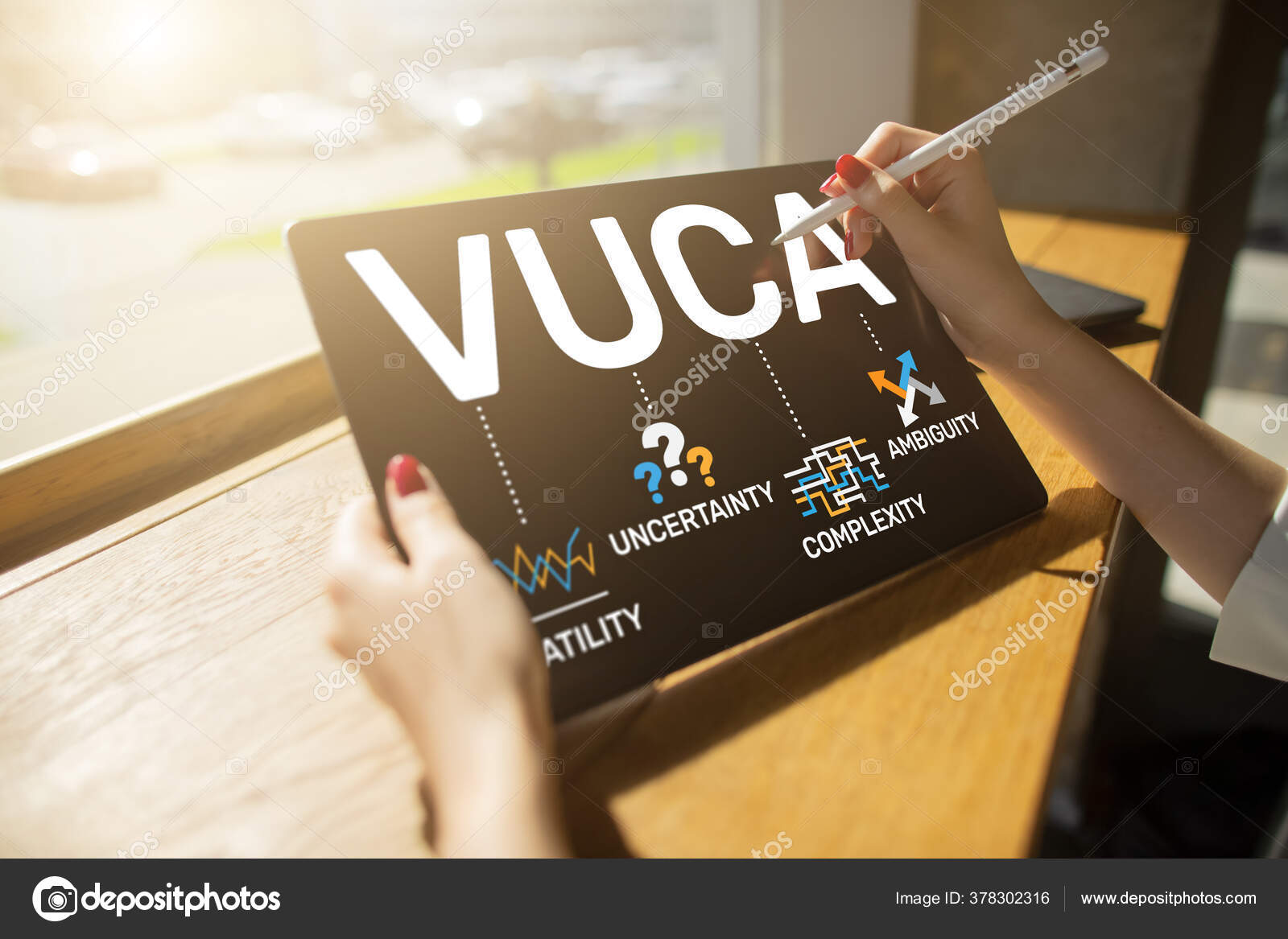 VUCA world concept on screen. Volatility, uncertainty, complexity ...